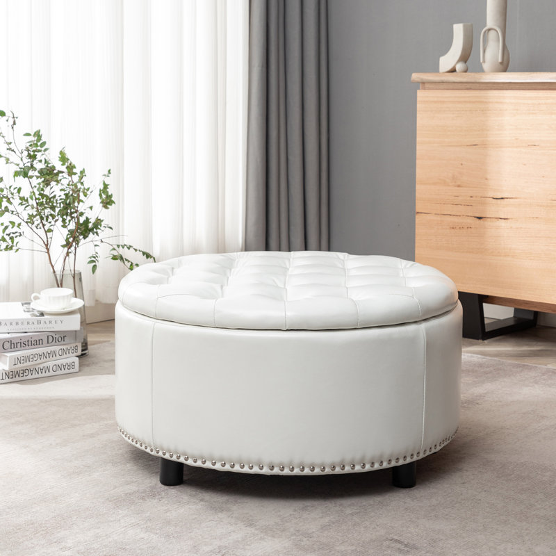 Kody Faux Leather Round Storage Ottoman White Faux Leather